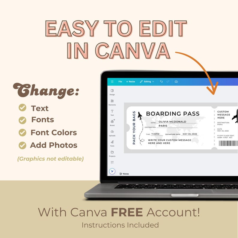DIY Boarding Pass Ticket: Editable Canva Template, Surprise Trip ...