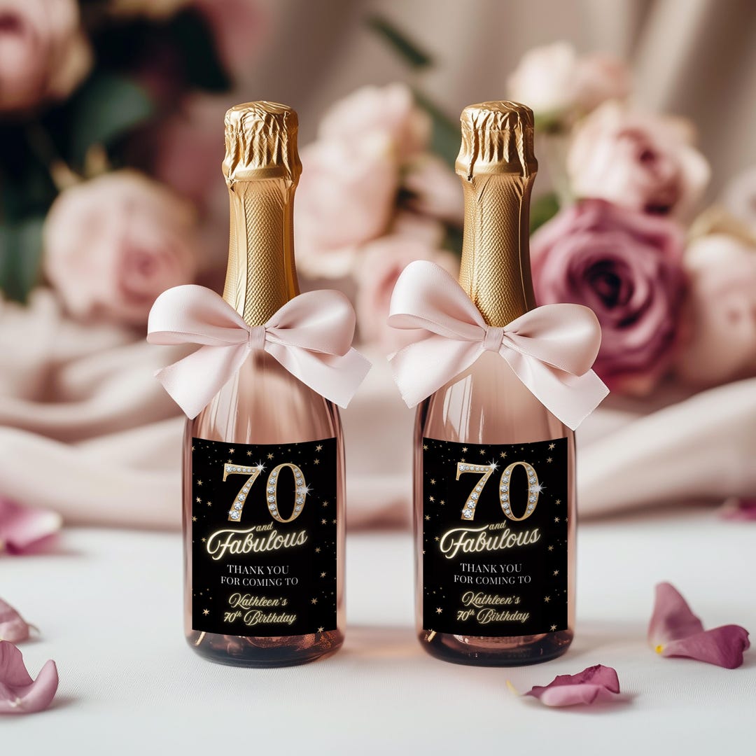 70th Birthday Champagne Labels: Black and Gold, Editable Party Favors ...