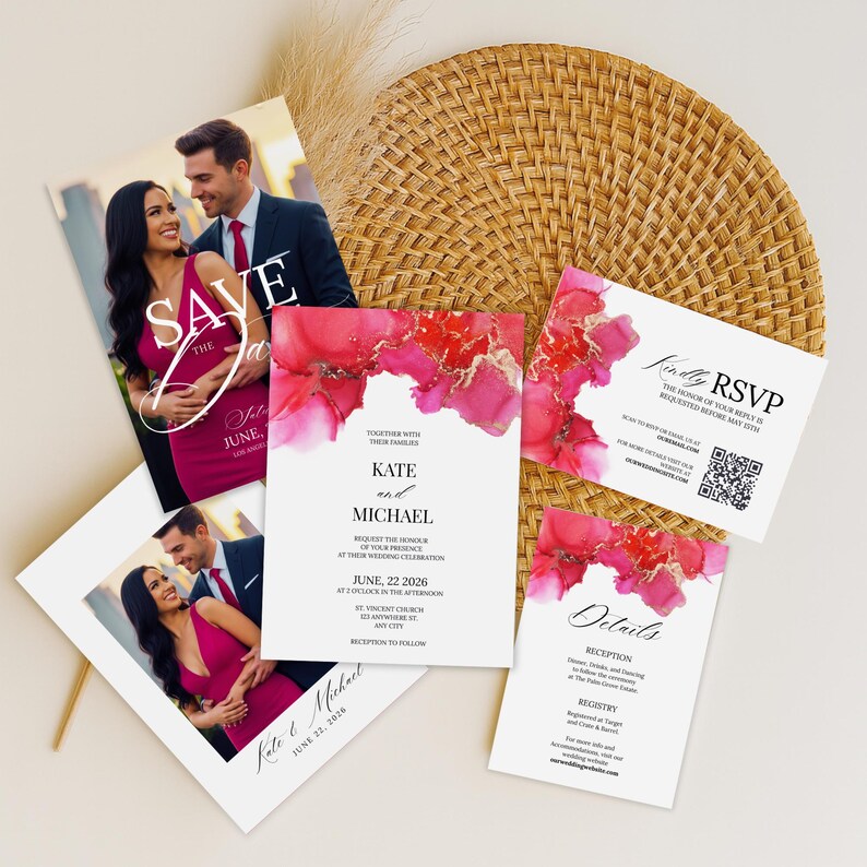 Magenta Wedding Invitation Suite: Jewel Tone Alcohol Ink Watercolor ...