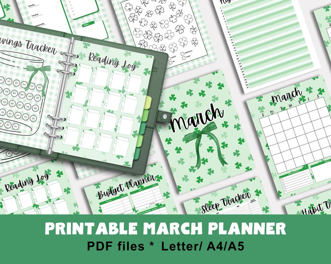 March 2025 Calendar, March Journal Bundle, Shamrocks and Bows ...