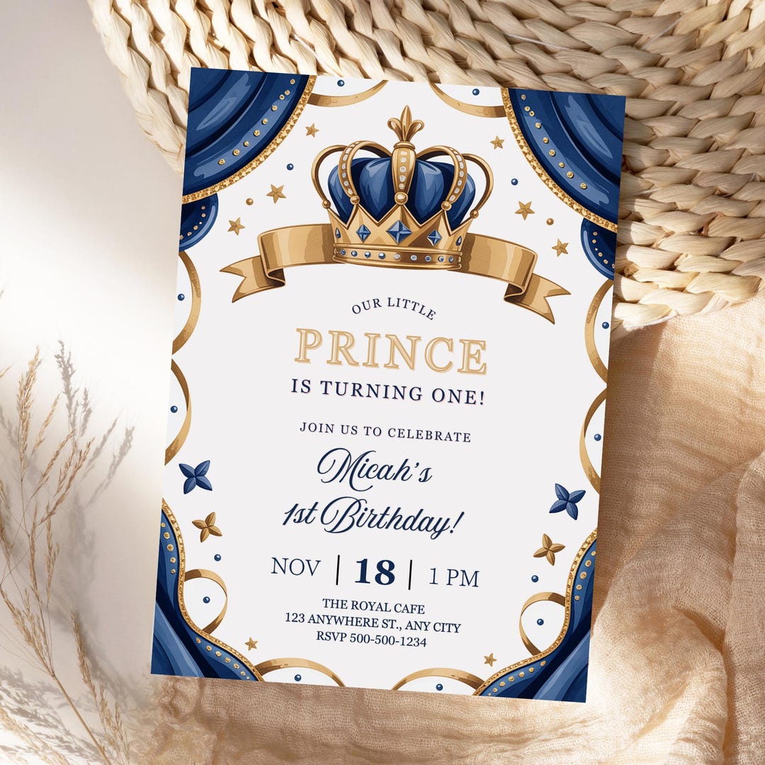 Royal Prince 1st Birthday Invitation: Blue & Gold Crown (editable Canva ...