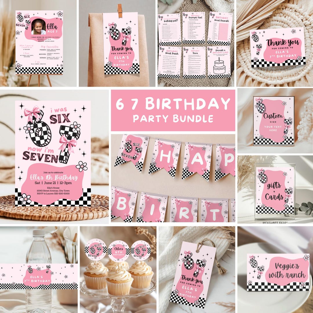 6 7 Birthday Bundle: Girls 7th Birthday Trendy Meme Party Set (canva ...