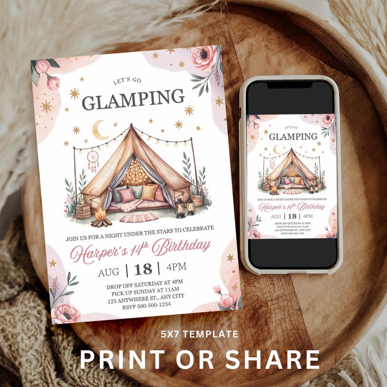 Boho Glamping Invitation: Girls Sleepover, Camp Out Birthday (digital ...