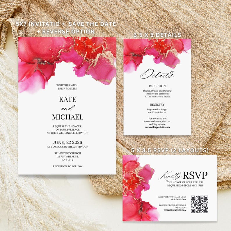 Magenta Wedding Invitation Suite: Jewel Tone Alcohol Ink Watercolor ...