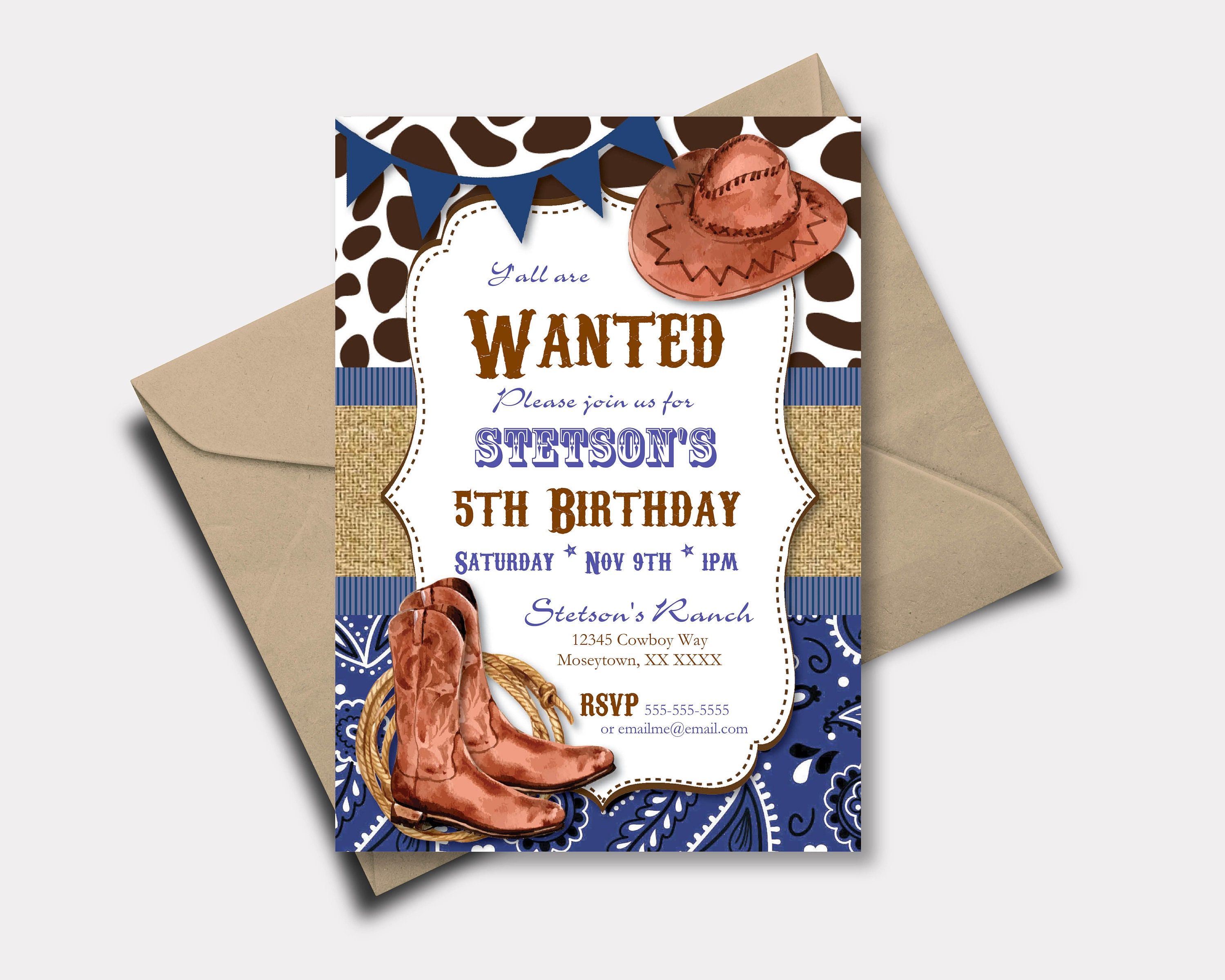 Blue Cowboy Birthday Party Invitation Rodeo Wanted Poster - Etsy