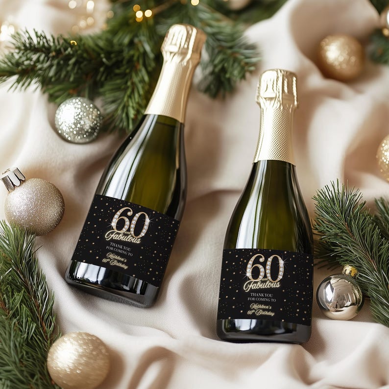 60th Birthday Champagne Labels: Black and Gold, Editable Party Favors ...