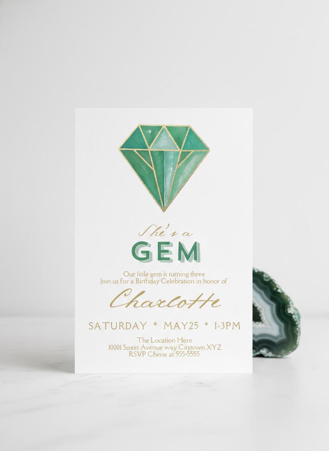 Emerald Gemstone Birthday Invitation: Green & Gold Jade She's a Gem ...