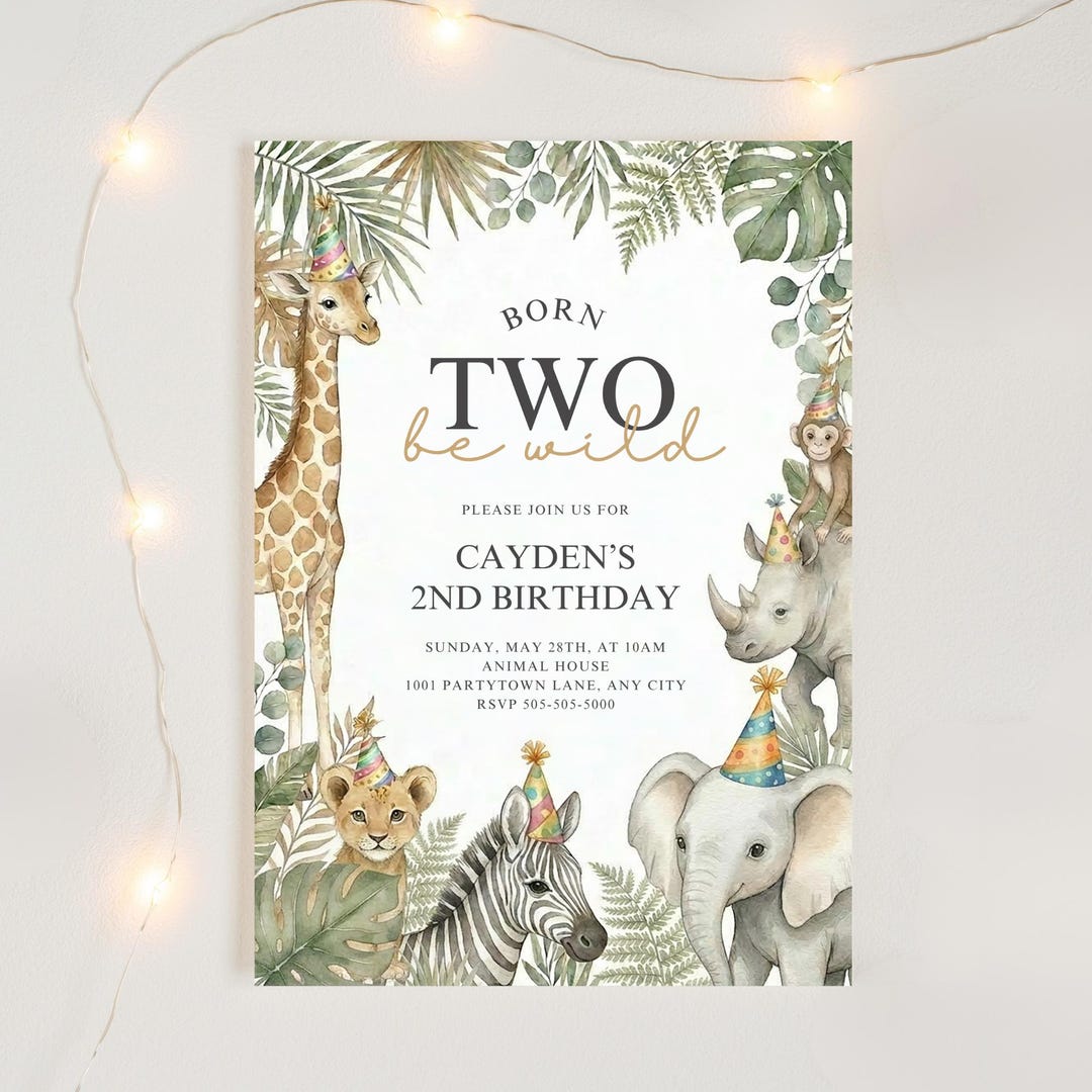 Born Two Be Wild Birthday Invitation, Editable Safari Animals 2nd ...