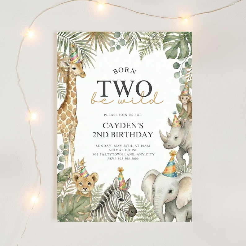 Born Two Be Wild Birthday Invitation, Editable Safari Animals 2nd ...