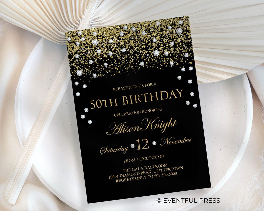 Black and Gold Invitation Gold Glitter Diamonds Invite Glamour Sparkle ...