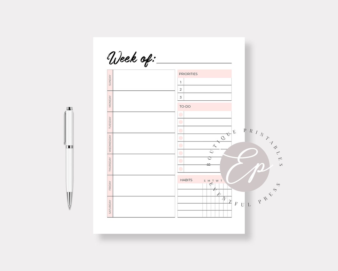 Printable Weekly Planner Page in Pink, 1 Page PDF, Letter Sized, Binder ...
