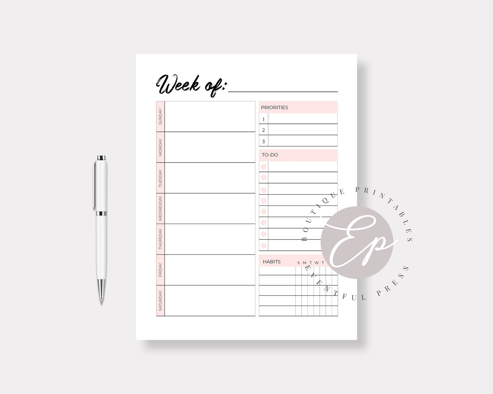 Printable Weekly Planner Page in Pink 1 Page PDF Letter - Etsy