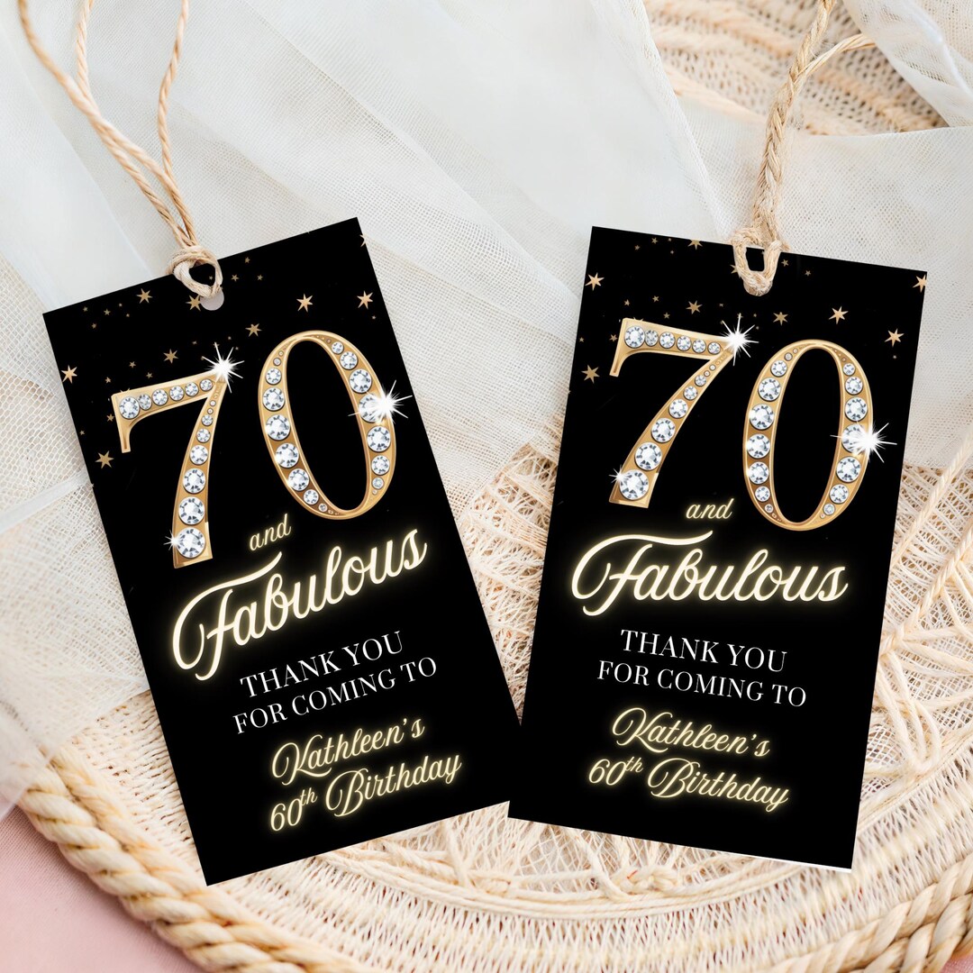 70th Birthday Favor Tags: Black & Gold Diamond Glam (editable Canva ...