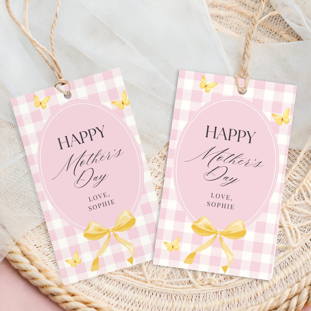 Pink Gingham Mother's Day Gift Tag, Butterflies Spring Editable Favor ...