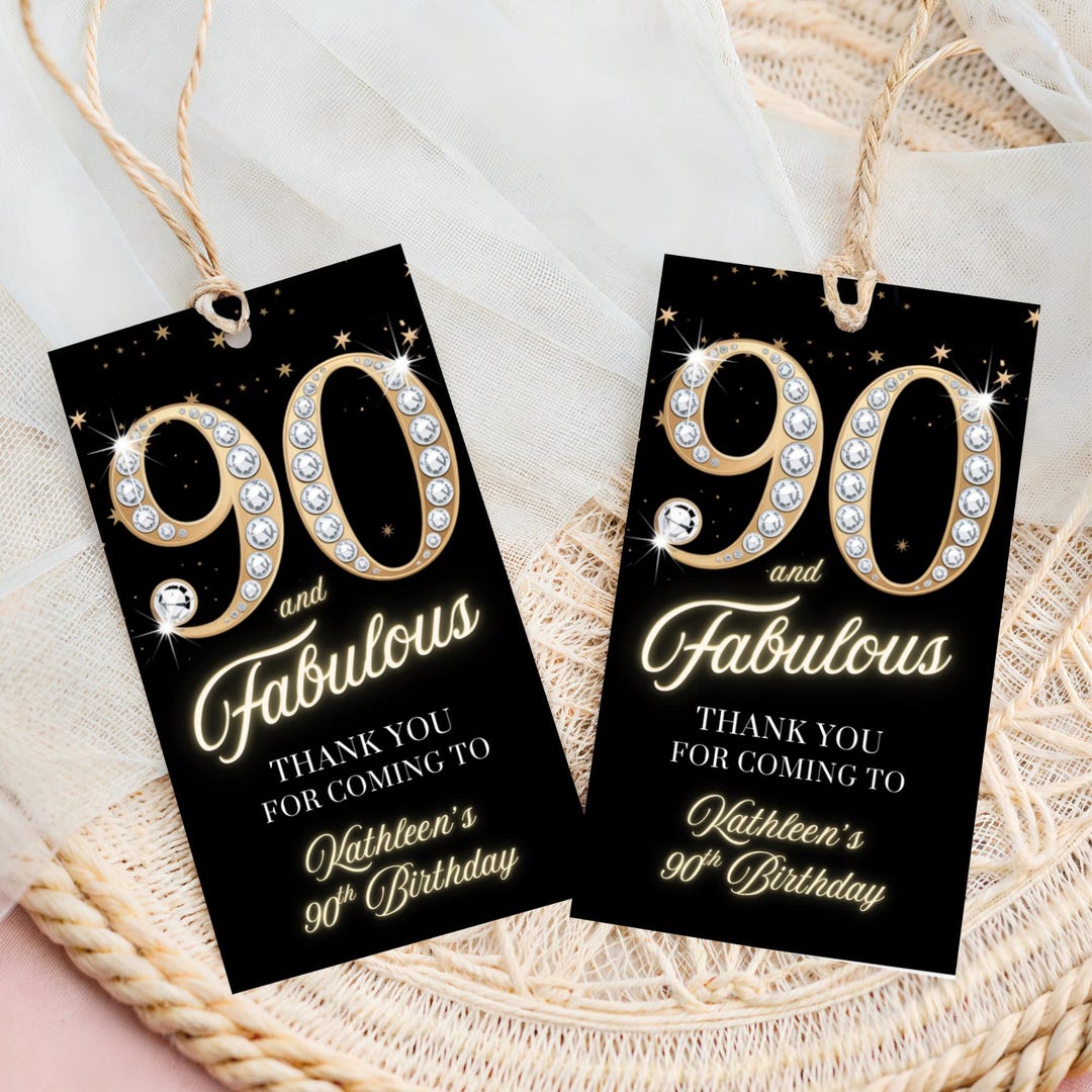 90th Birthday Favor Tags: Black & Gold Diamond Glam (editable Canva ...