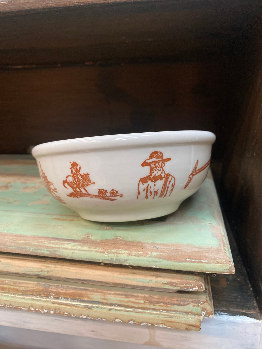 Vintage 1951 Wallace China 49er Pattern Cereal Bowl Gold Panning Mining ...