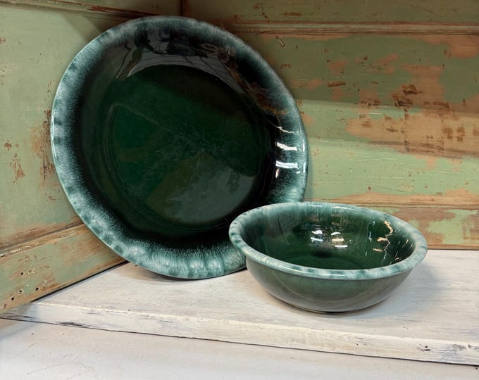 Hull USA Pottery Green Agate Drip Glaze Dinner Plate & Bowl Set - Etsy