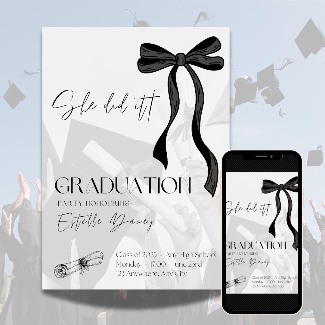 Black Bow Editable Graduation Invitation Bow Editable Graduation ...
