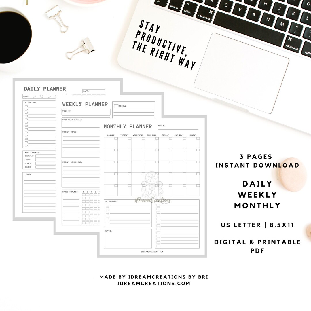 Undated Daily Weekly Monthly Planner | Printable Planner Set (digital ...