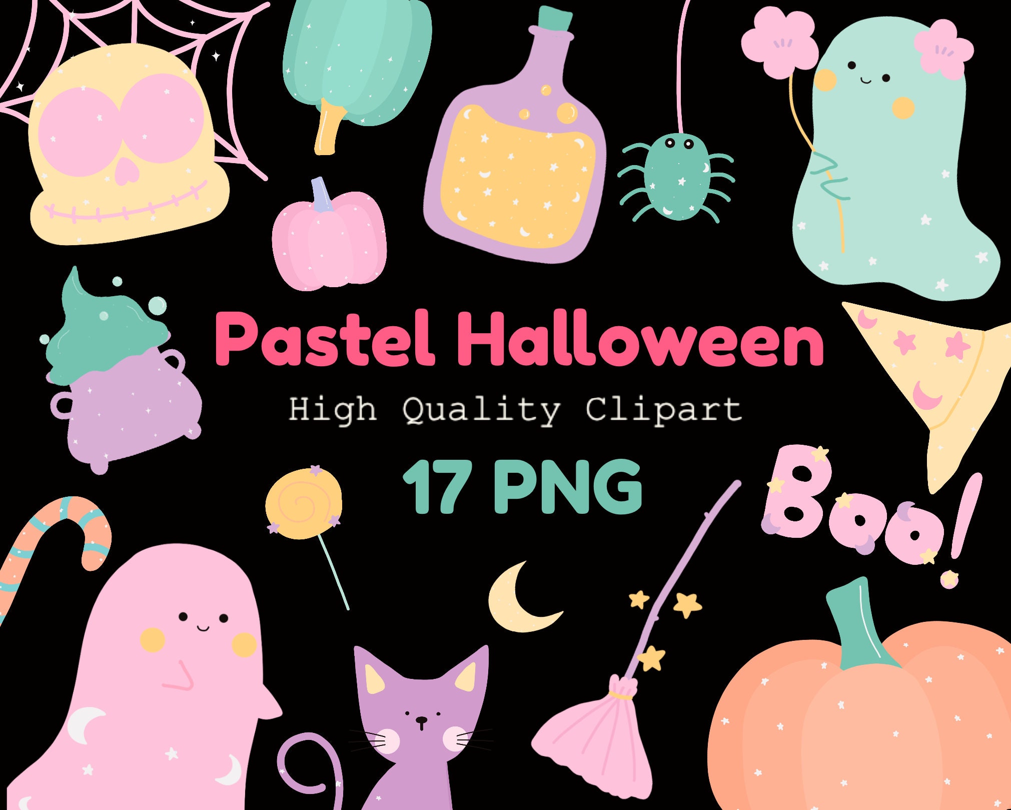 Pastel Halloween Clipart, Cute Ghosts, Pumpkins, Rainbow, Cute ...