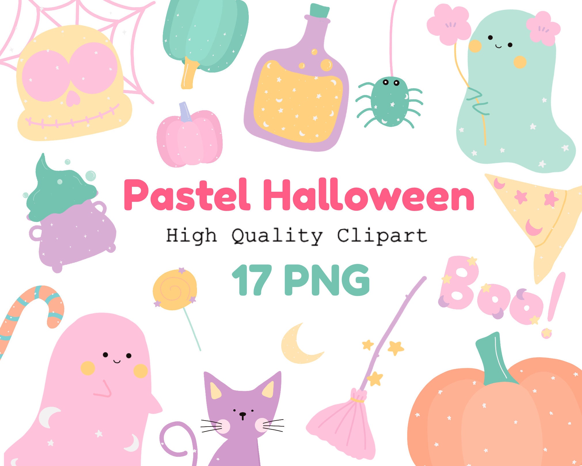 Pastel Halloween Clipart, Cute Ghosts, Pumpkins, Rainbow, Cute ...