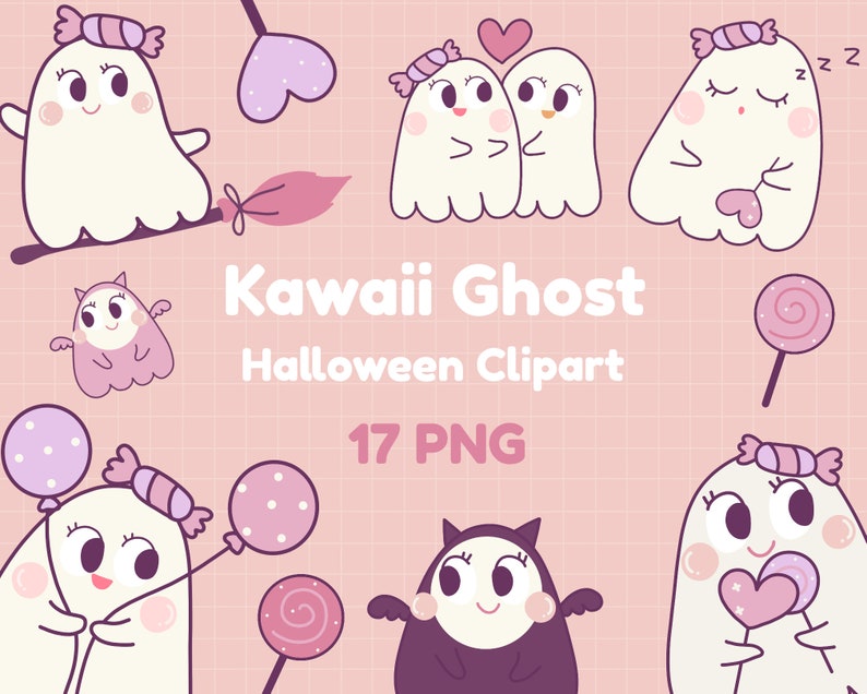 Ghost Kawaii Clipart Halloween , Cute Pink Clipart , Kawaii Pumpkin ...
