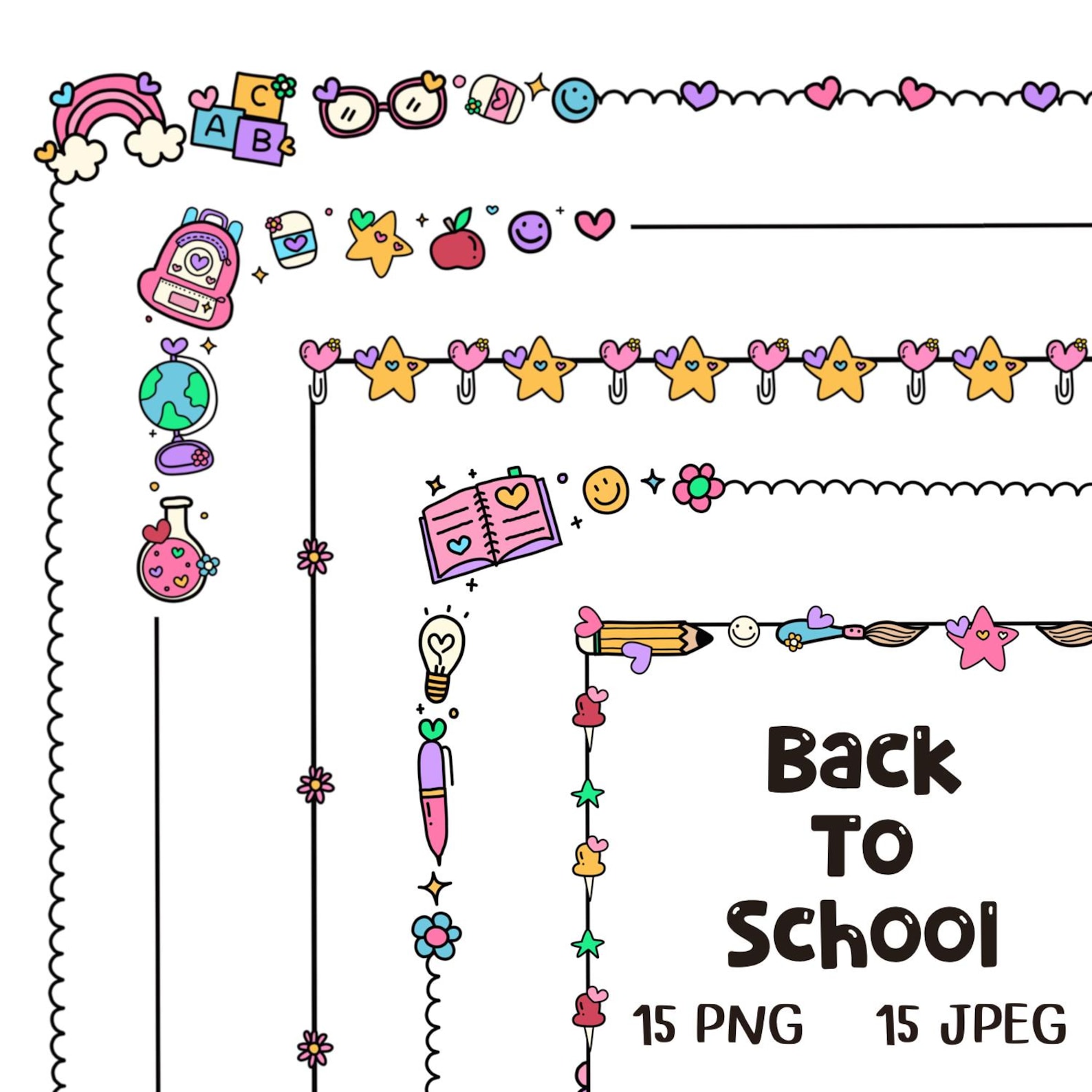 Back to School and Flower Frame Border. School Supplies. Digital Frame ...
