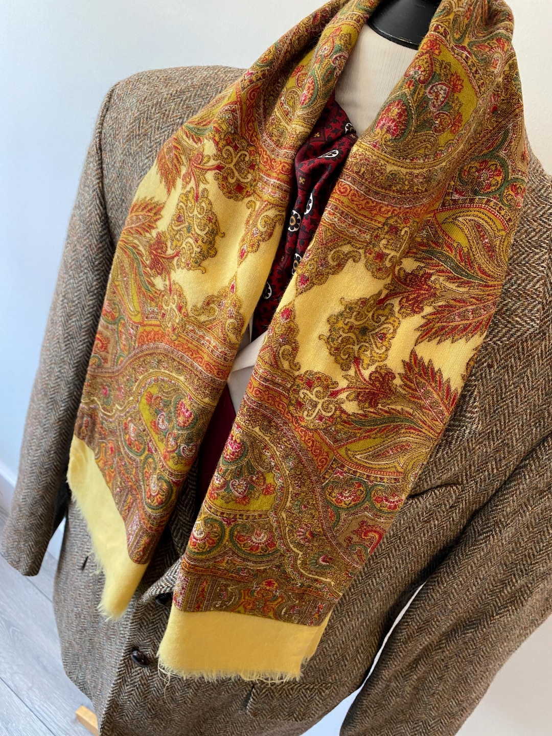 Vintage Men's Stunning Ornate Multi Colour Yellow Scarves Ornate Double ...