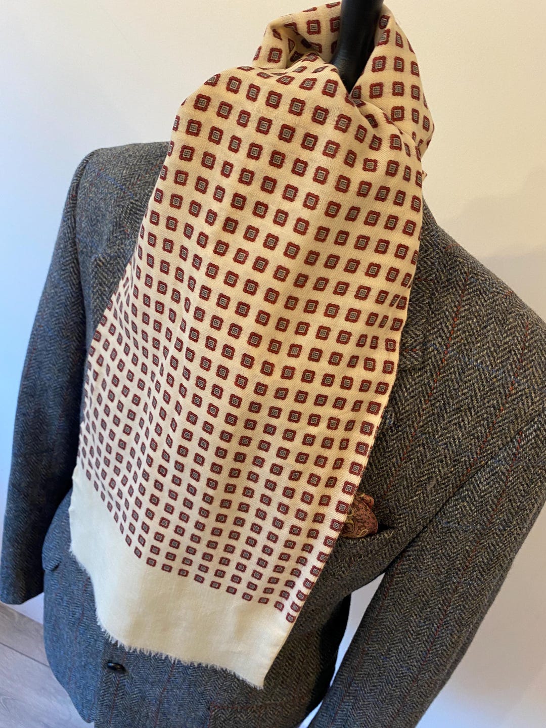 Vintage Mens 70's Indie Mod Beige Square Retro Pattern Long Wool Feel ...