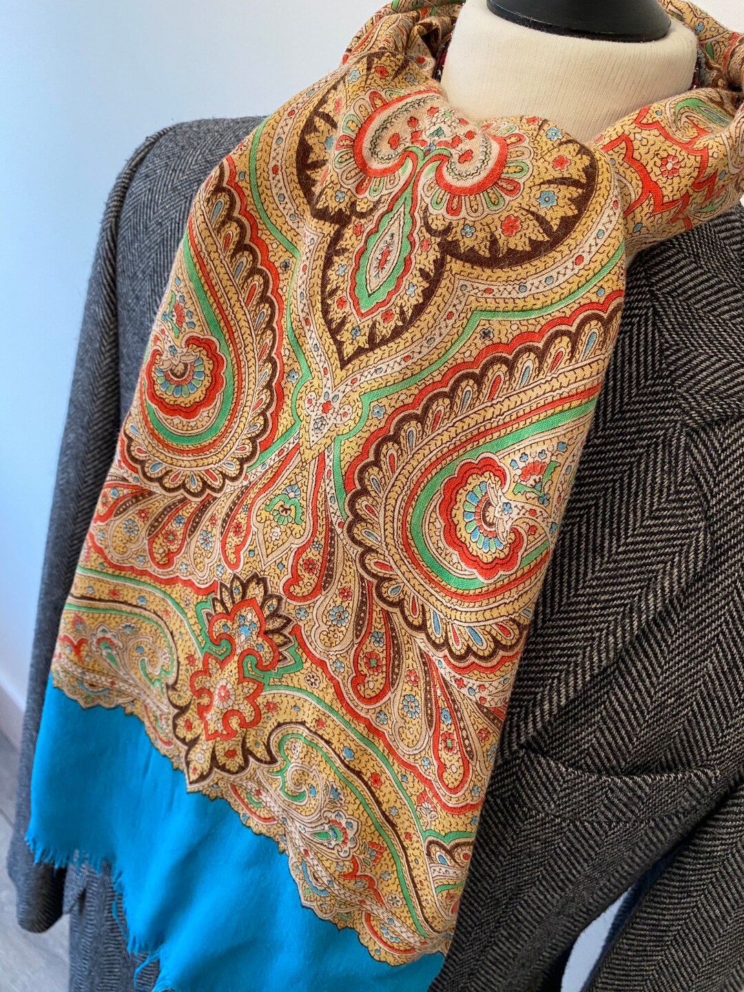 Vintage Mens 1970's Indie/mod Blue Multi Colour Ornate Wool Feel Double ...