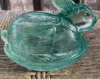 Vintage Green Flash Glass Bunny Candy Dish Rabbit on Nest Treat Jar ...