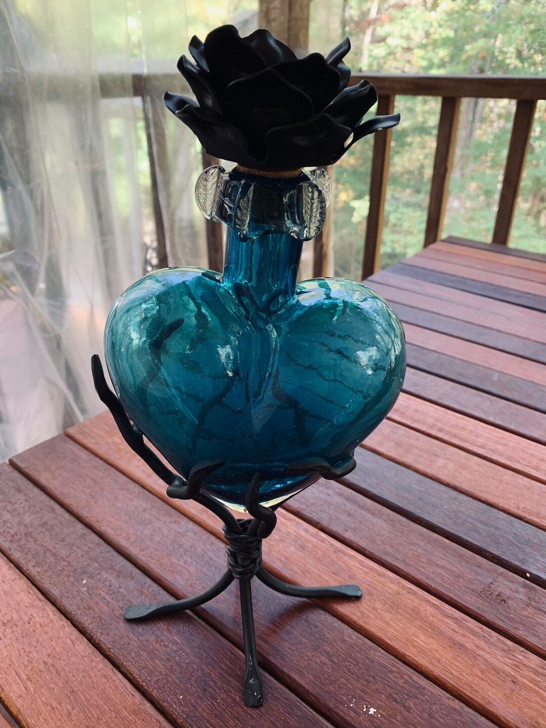 Vintage Hand Blown Aqua Blue Artisan Mexico Glass Heart Decanter W ...