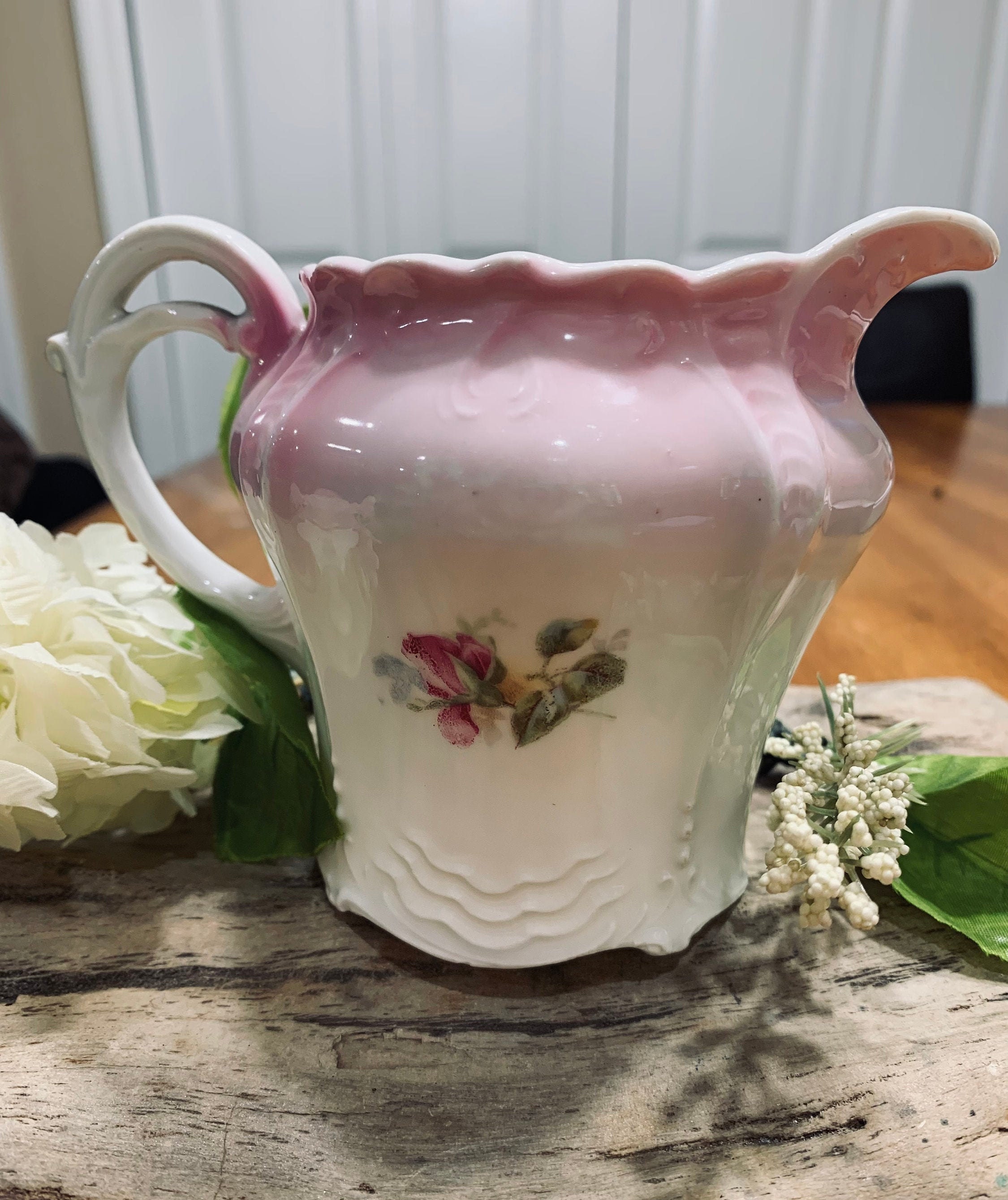 Vintage Pink & White Porcelain Creamer W/ Striking Floral Motif - Etsy UK