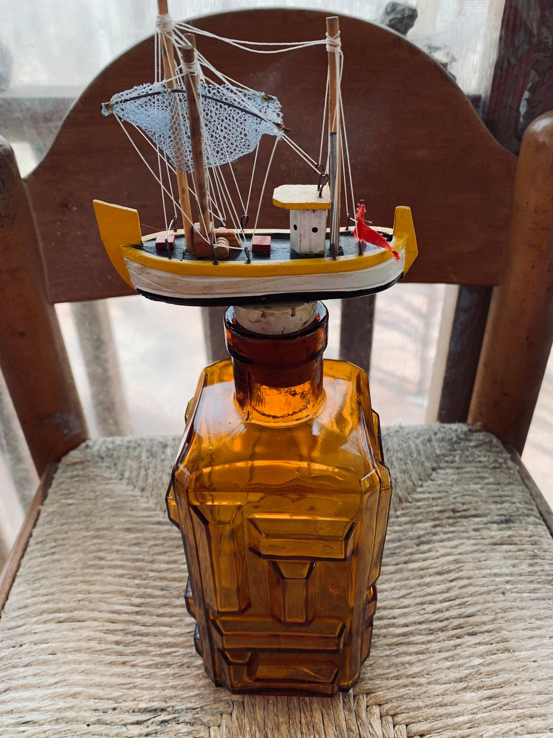 Vintage MCM Unique Handcrafted Made in Italy Amber Decanter Topped W ...