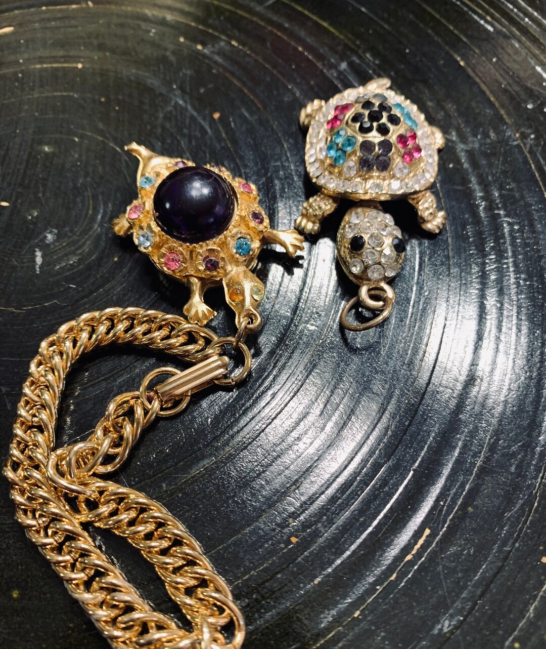 Vintage Gold Tone Turtle Locket Pendant W/ Rhinestones & Faux Purple ...