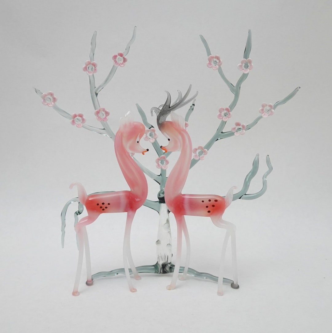 Large Vintage Lampwork Glass Figure Group of a Stag & Deer by a Blossom ...