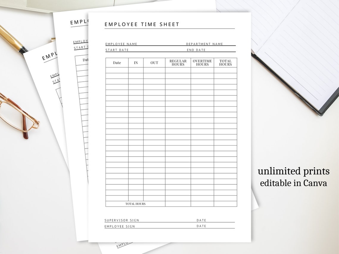 Editable Employee Time Sheet, Clock in & Out Sheet, Time Card, Work Log ...
