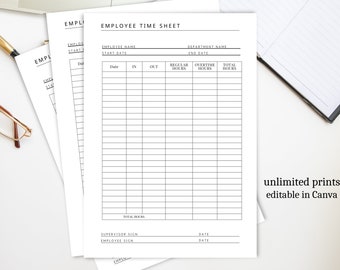 Editable Employee Time Sheet, Clock in & Out Sheet, Time Card, Work Log ...