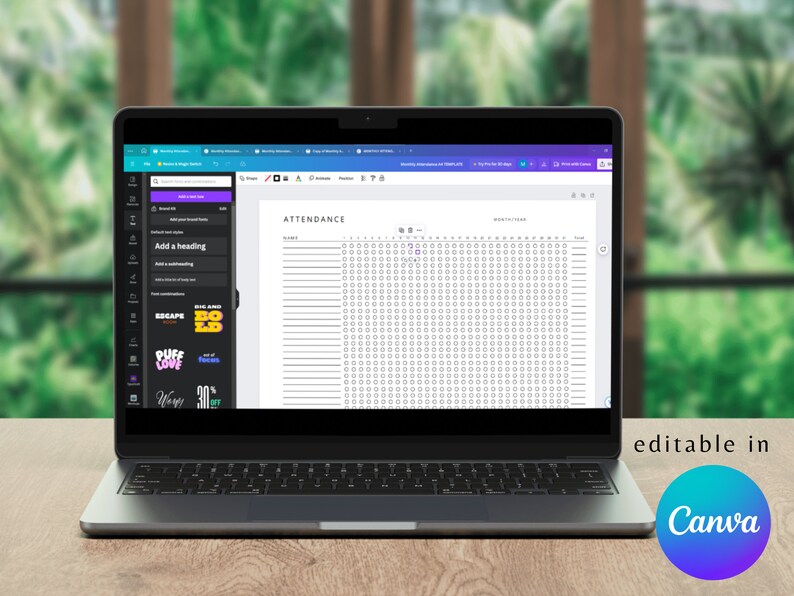 Monthly Employee Attendance Log Printable Landscape(printable), Instant ...