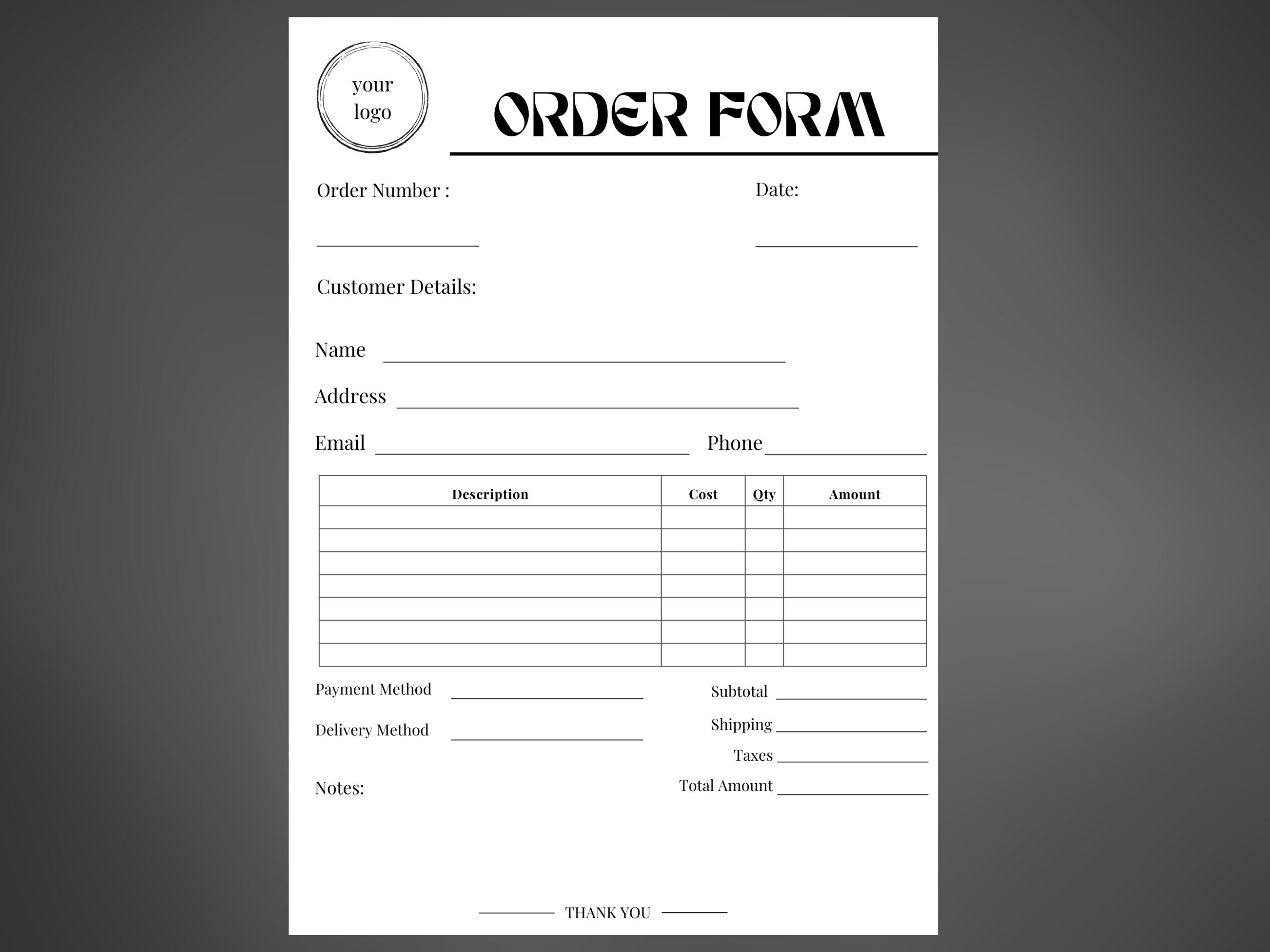 Editable Order Form Template, Printable Small Business Order Form, Custom Order Form, Purchase ...