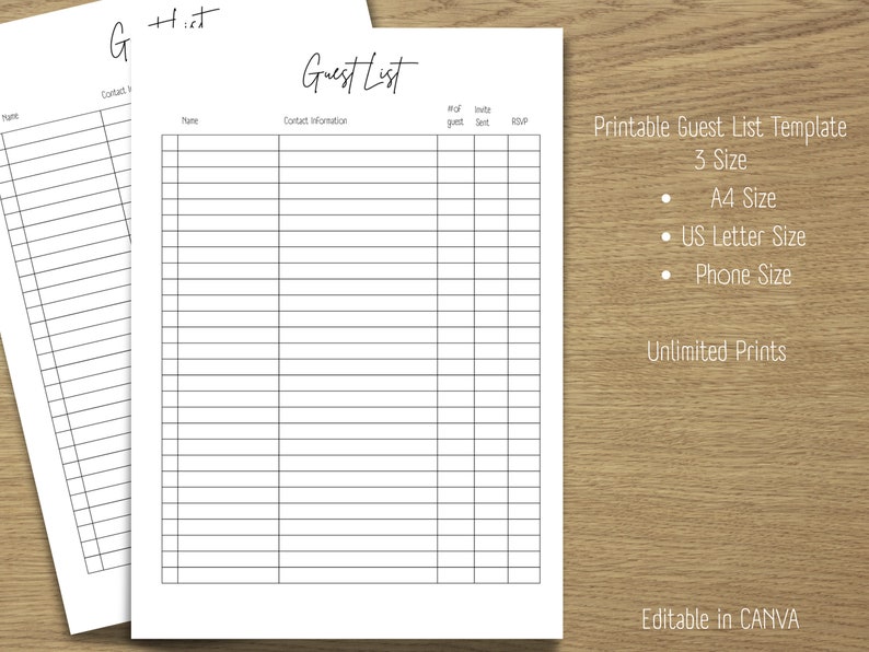 Printable Guest List Template, Printable Event Planner Log Template ...