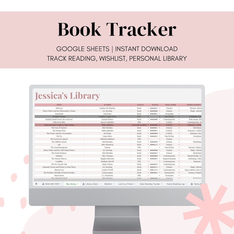 Book Tracker Spreadsheet Reading Log Google Sheets Digital - Etsy