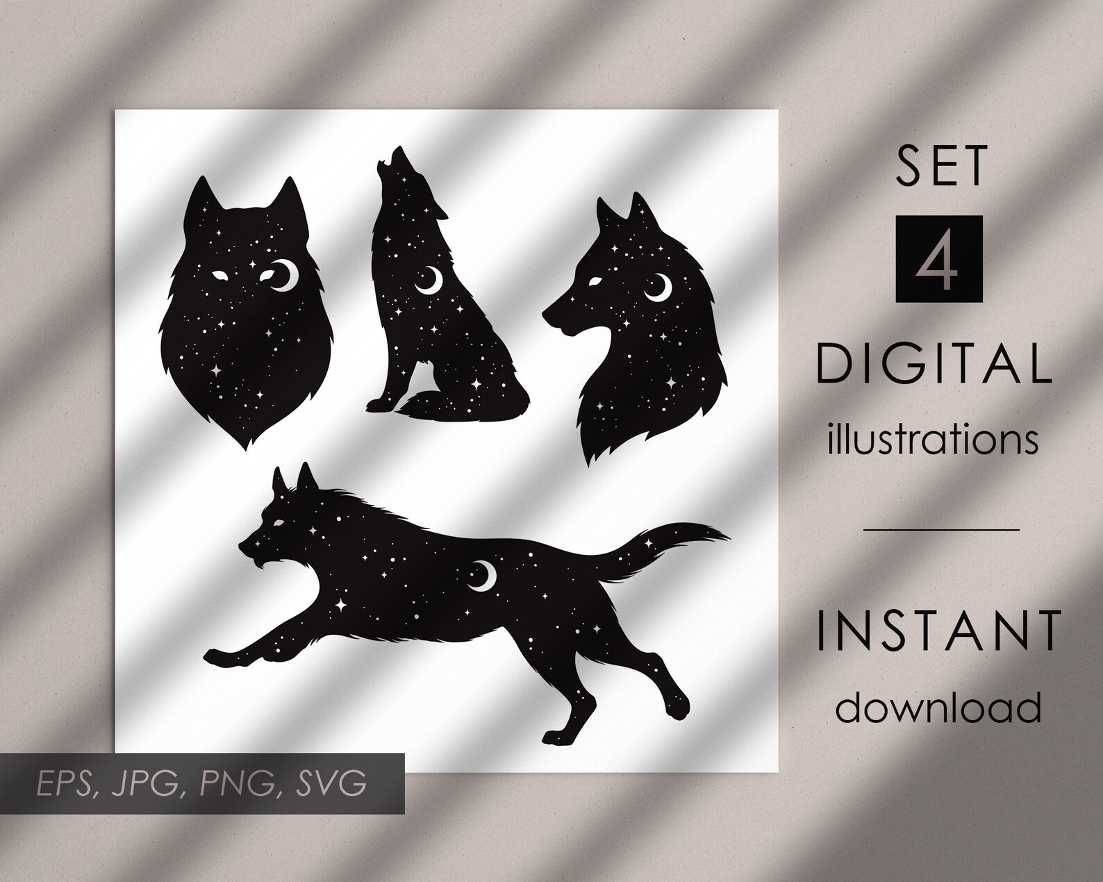 Silhouettes of Wolves With Crescent Moon and Stars, Digital Design Wolf ...