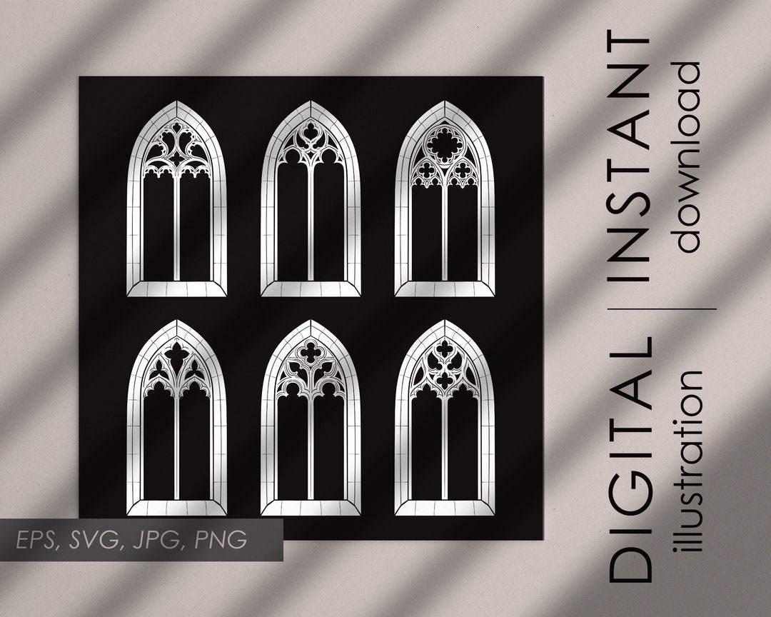 Gothic Windows Digital Illustrations, Set of Vector Cliparts With ...