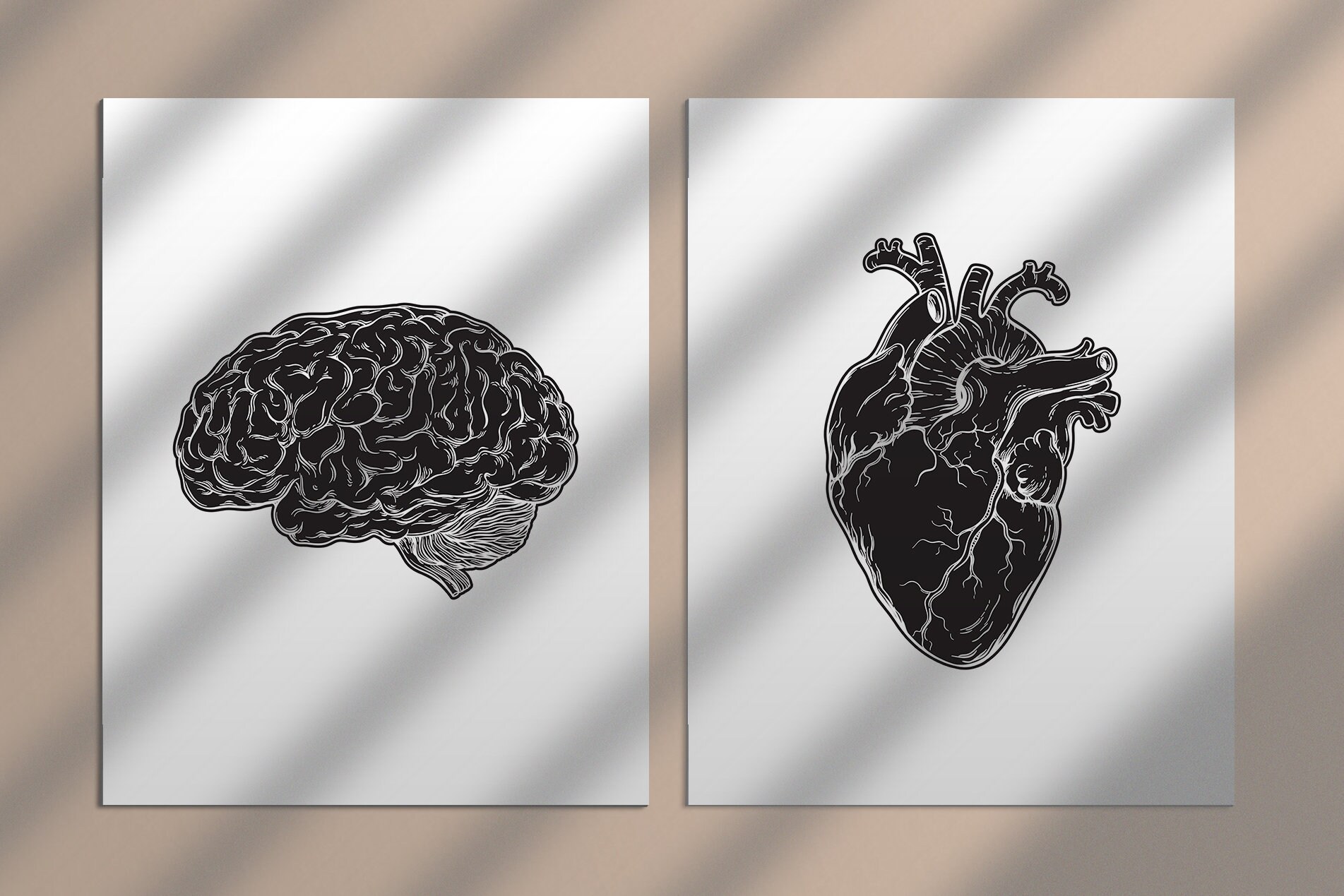 Human Heart and Brain Digital Illustrations, Designs in Black Ink ...
