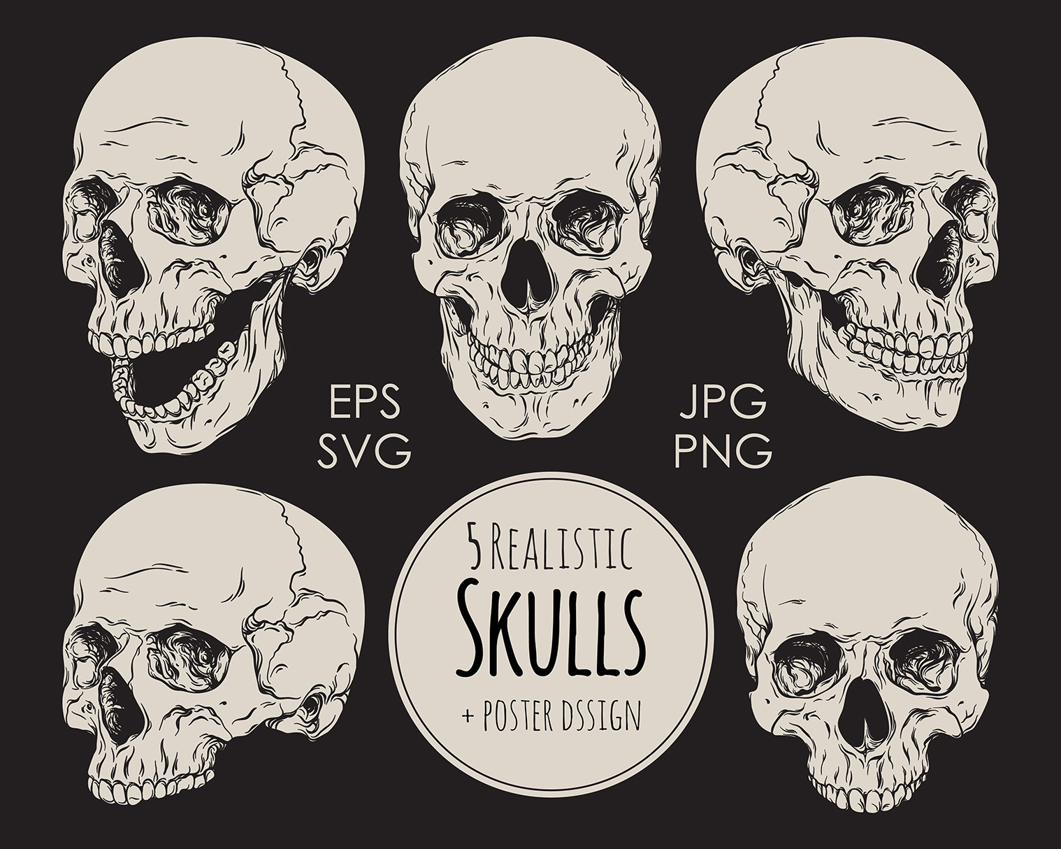 Skull Clipart, Human Skeleton Skull Poster, Hand Drawn Design for Print ...