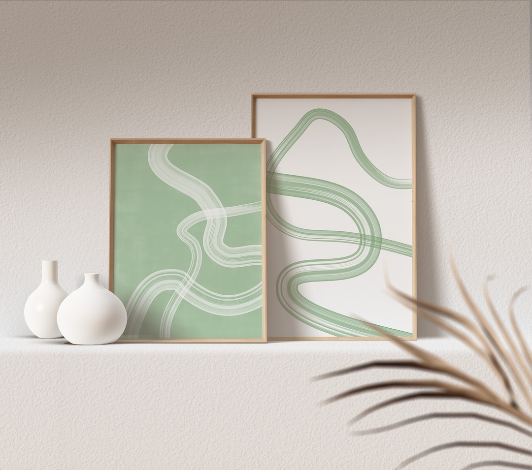 Abstract Line Wall Art,set of 2 Minimalist Prints,white and Sage Green ...