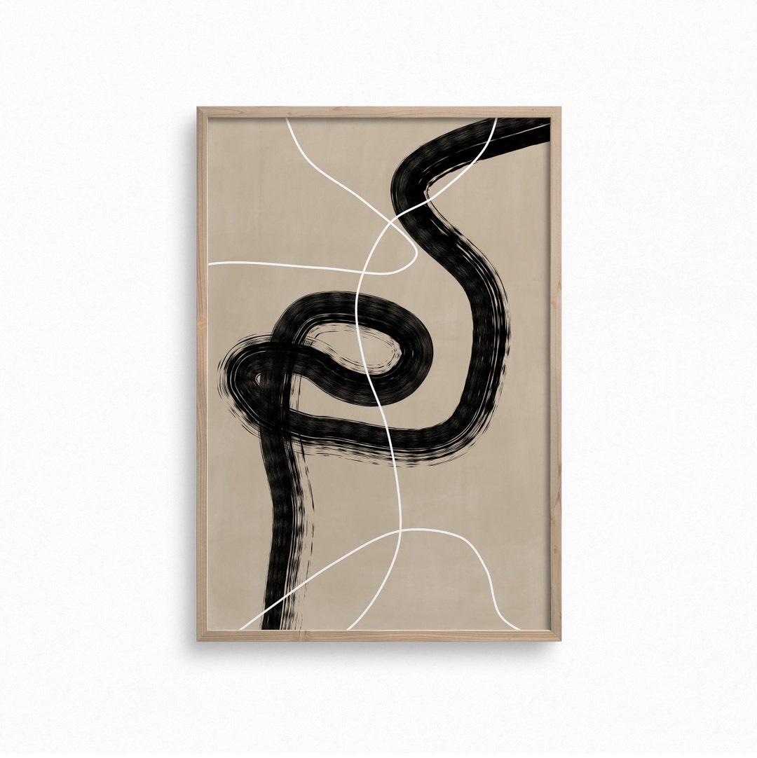 Black Brush Stoke Art Print,one Line Drawing,downloadable Beige Wall ...