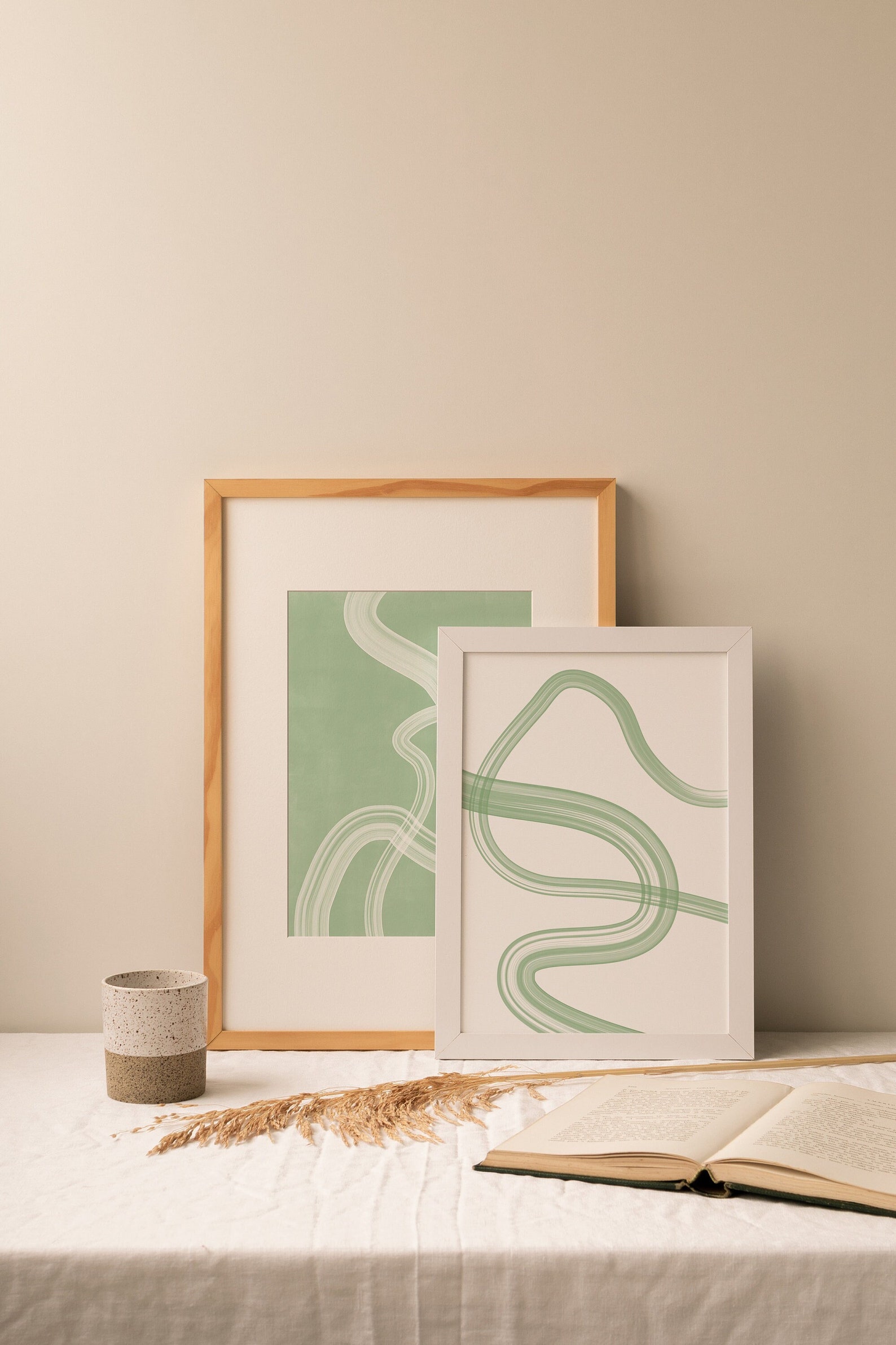 Abstract Line Wall Art,set of 2 Minimalist Prints,white and Sage Green ...