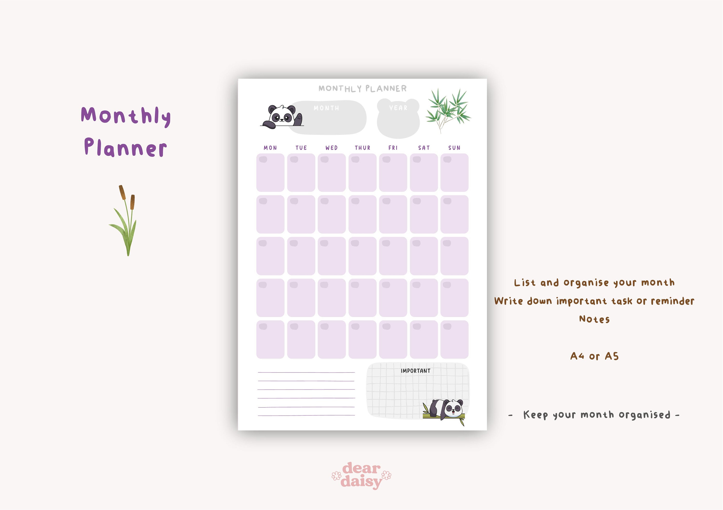 PRINTABLE PANDA Planner Daily Planner Weekly Planner Monthly Planner ...